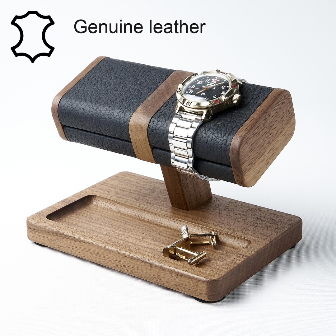 Wood Watch Stand for 2 Watches With Genuine Leather, Watch Storage ...