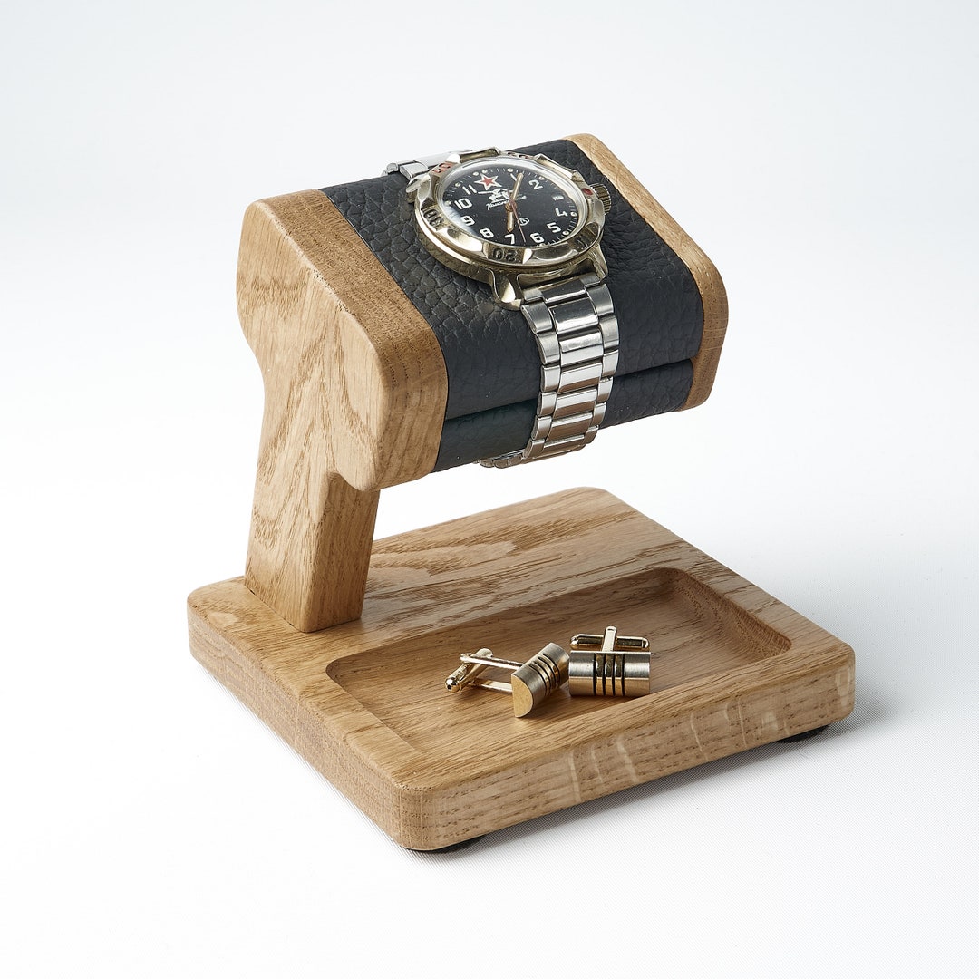 Oak Watch Stand With Leather Top for Watches and Tray for Ring or ...