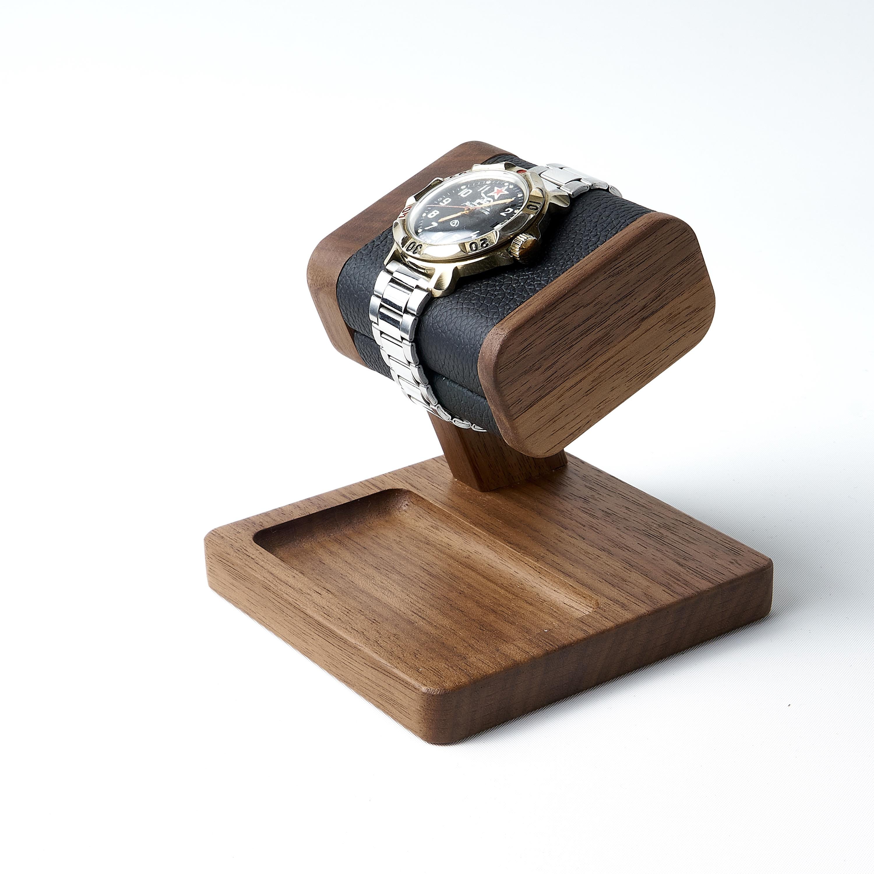 Walnut Watch Stand With Leather Top for Watches and Tray for Ring or ...