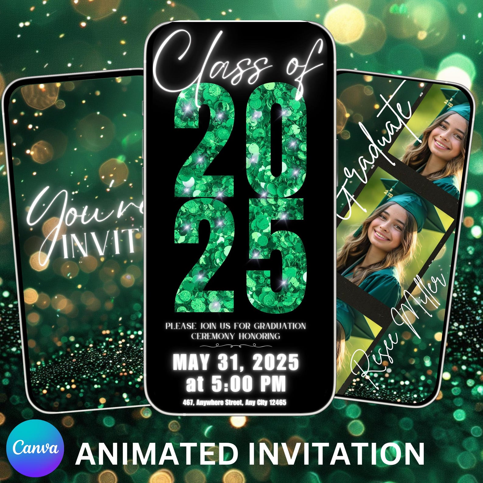 Green Graduation Invitation Digital, Grad Party Invitation Video Canva ...