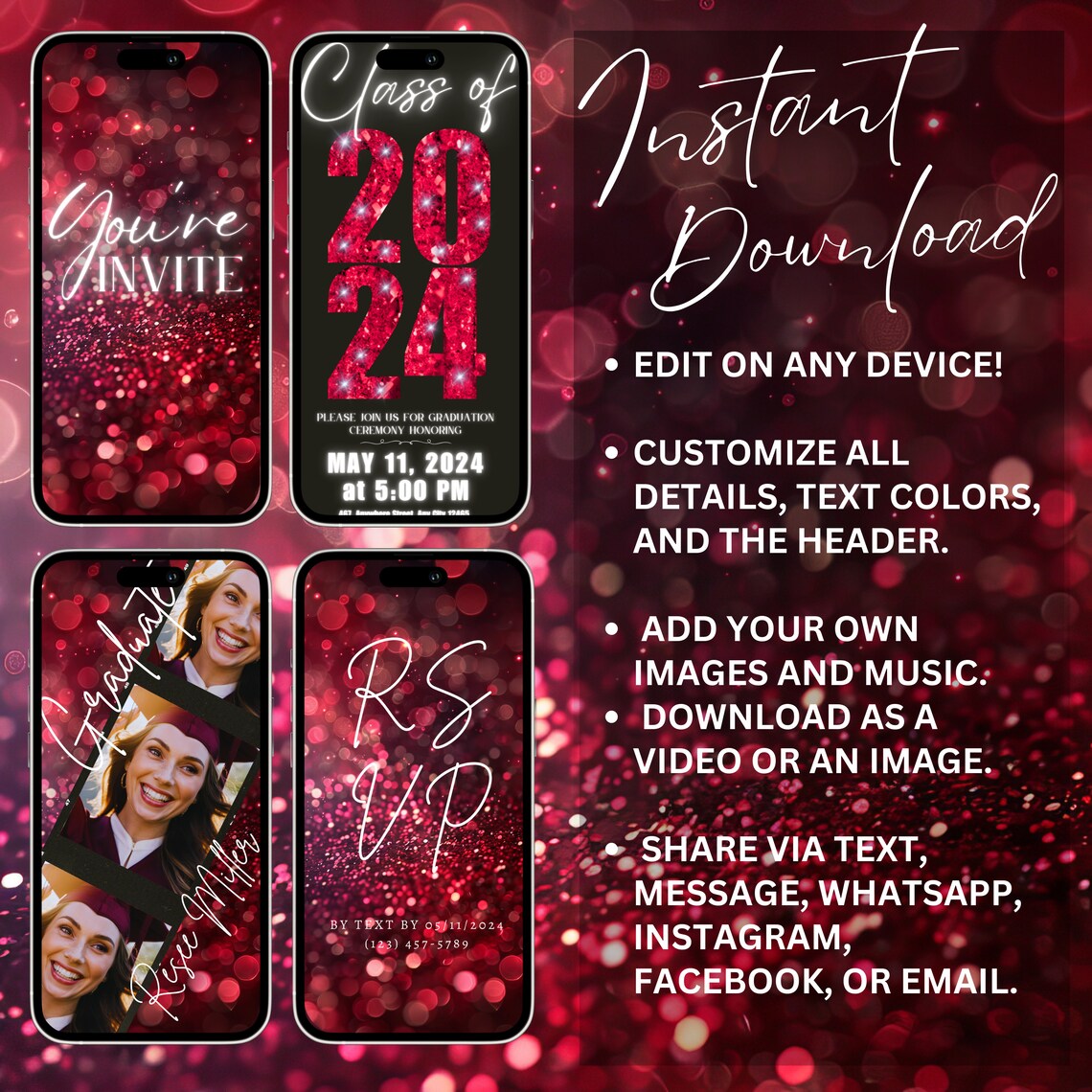 Maroon Graduation Invitation, Digital Grad Party Invite Video Canva ...