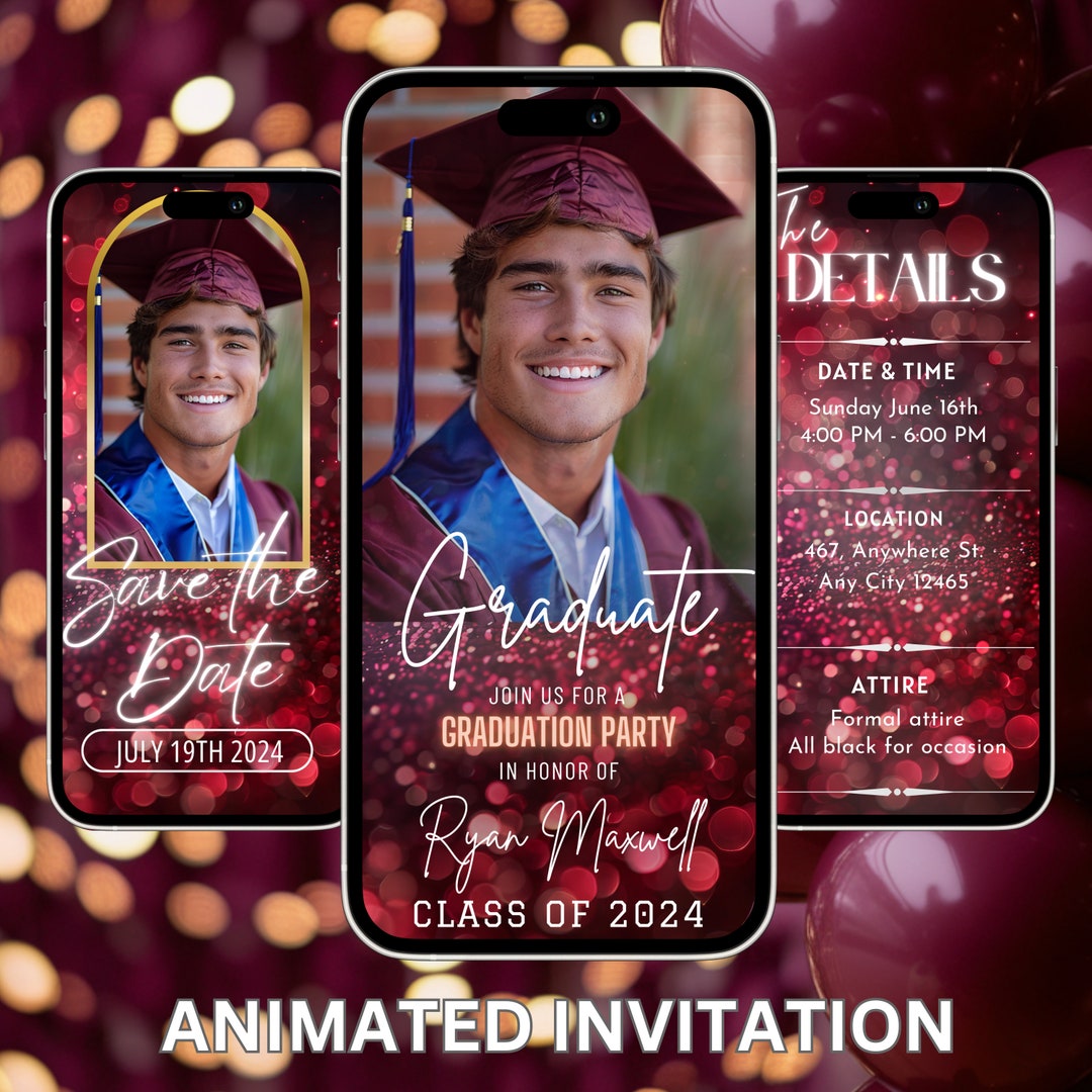 Maroon Graduation Invitation Boy, Digital Grad Party Invitation Video ...