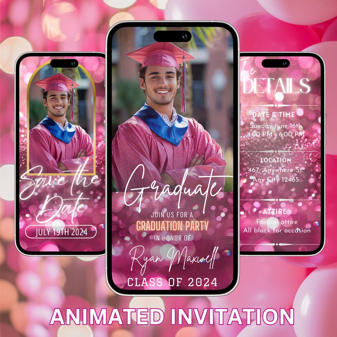 Pink Graduation Invitation Boy, Digital Grad Party Invitation Video ...