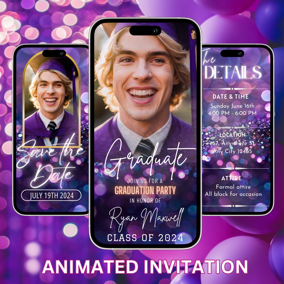 Purple Graduation Invitation Boy, Digital Grad Party Invitation Video ...
