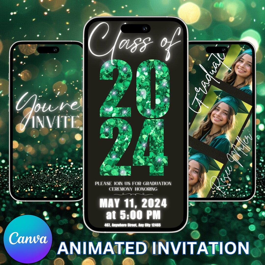 Green Graduation Invitation Digital, Grad Party Invitation Video Canva ...