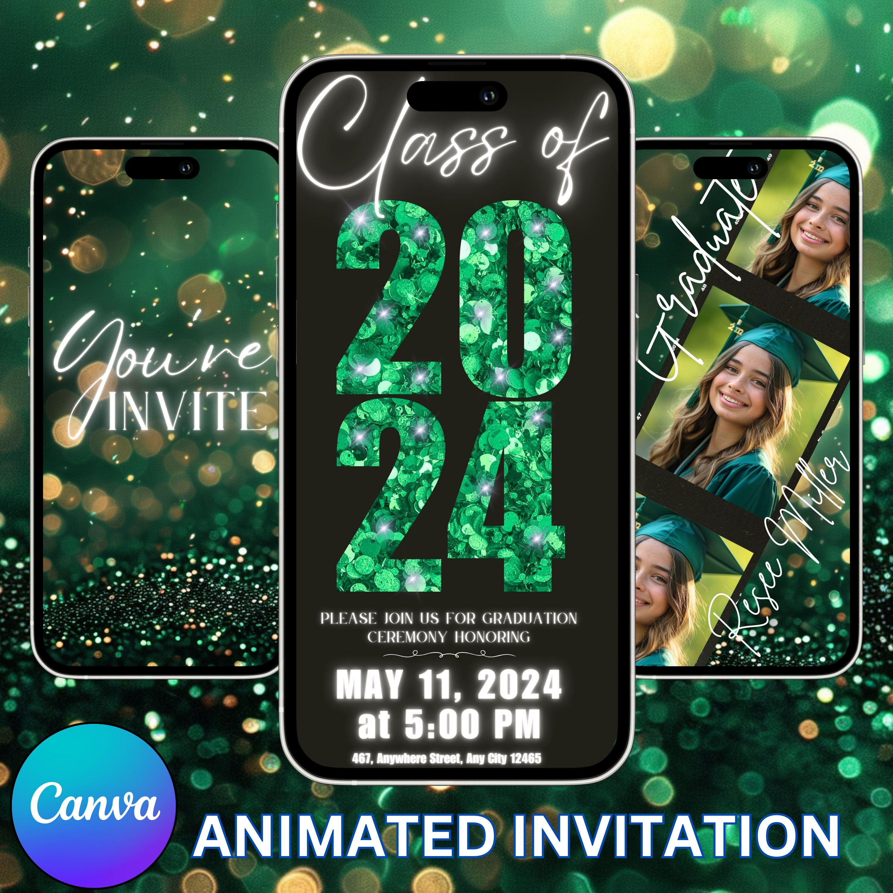 Green Graduation Invitation Digital, Grad Party Invitation Video Canva ...
