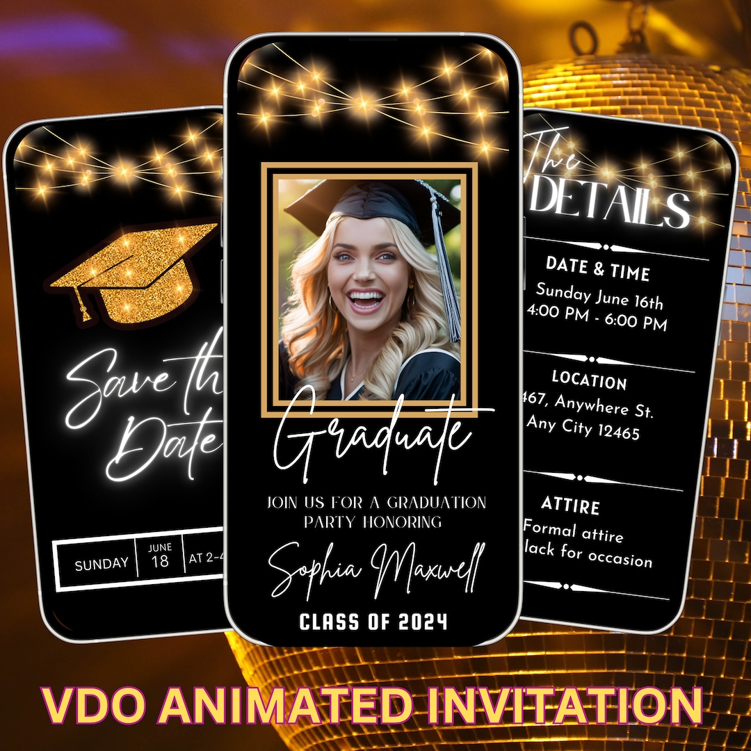 Black Graduation Invitation Digital, Grad Party Invitation Video Canva ...