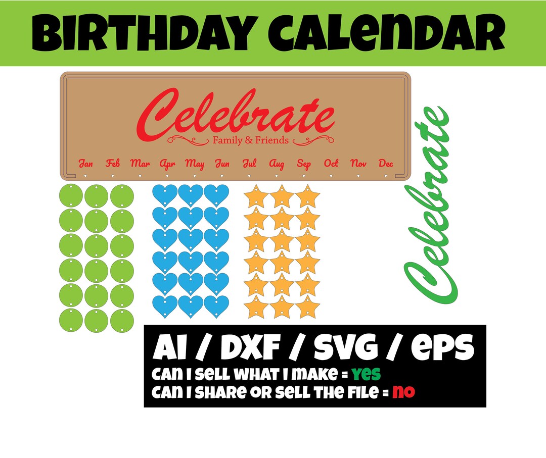 Birthday Calendar Plaque Laser File Dxf Ai Eps Svg Cutting Engraving ...