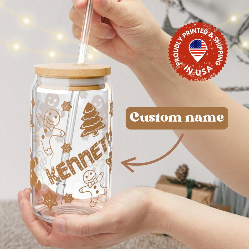 Gingerbread Man Custom Iced Coffee Glass Mug Personalized Tumbler Name ...