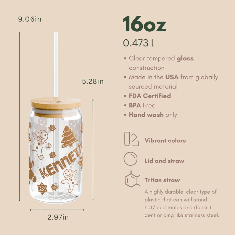 Gingerbread Man Custom Iced Coffee Glass Mug Personalized Tumbler Name ...