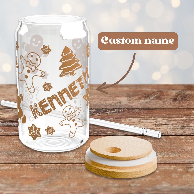 Gingerbread Man Custom Iced Coffee Glass Mug Personalized Tumbler Name ...