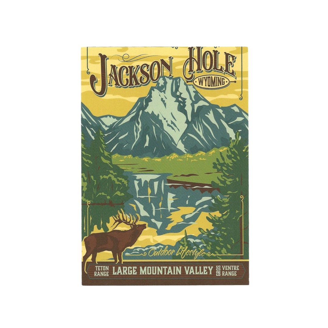 Jackson Hole WY Postcard Mountains Lake Elk Trees Retro Design 4x6 ...