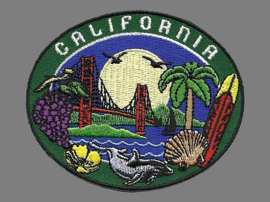 California Patch – Collage Golden Gate Bridge Grapes Surfing Palm Trees ...