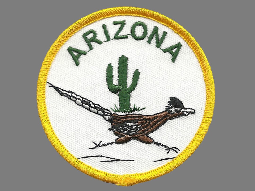 Arizona Roadrunner With Cactus Iron on Circle Patch 3″ Yellow Border ...
