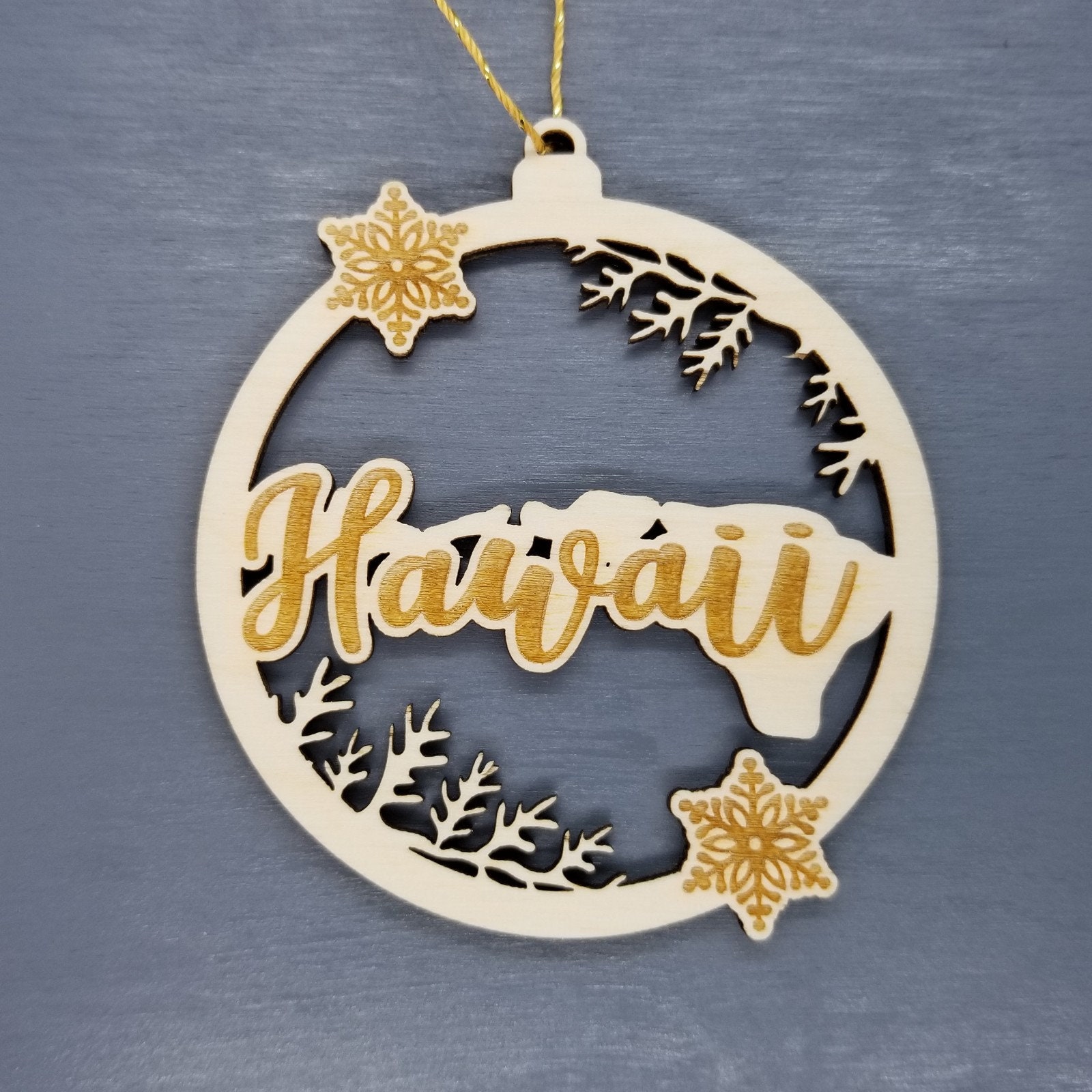 Hawaii Wood Ornament - HI State Shape With Snowflakes Cutout - Handmade ...