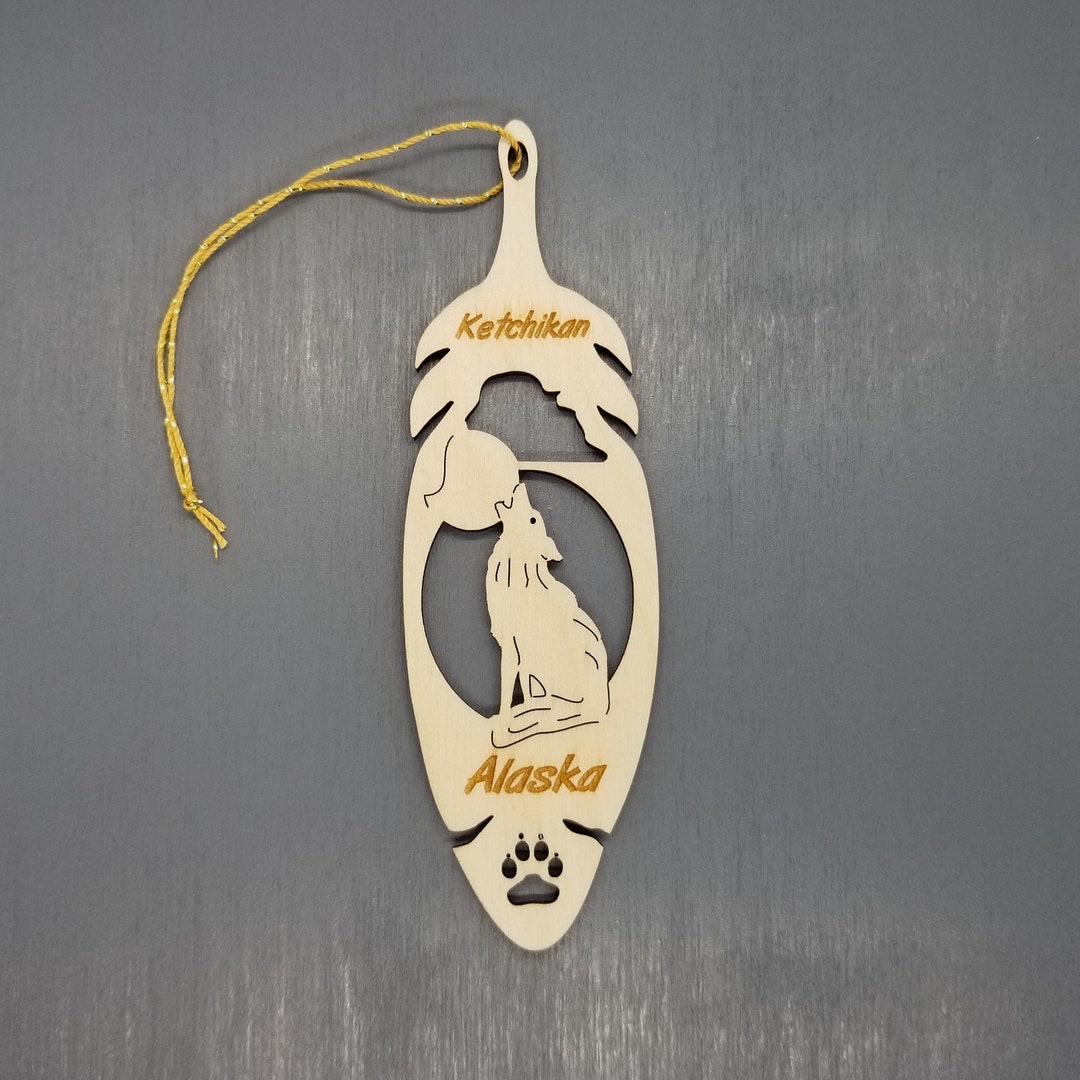 Ketchikan Alaska Wolf Christmas Ornament CHOOSE Location Wood Laser Cut ...