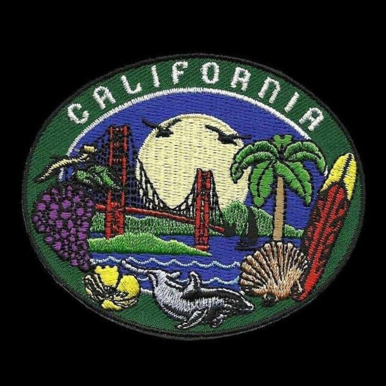 California Patch – Collage Golden Gate Bridge Grapes Surfing Palm Trees ...