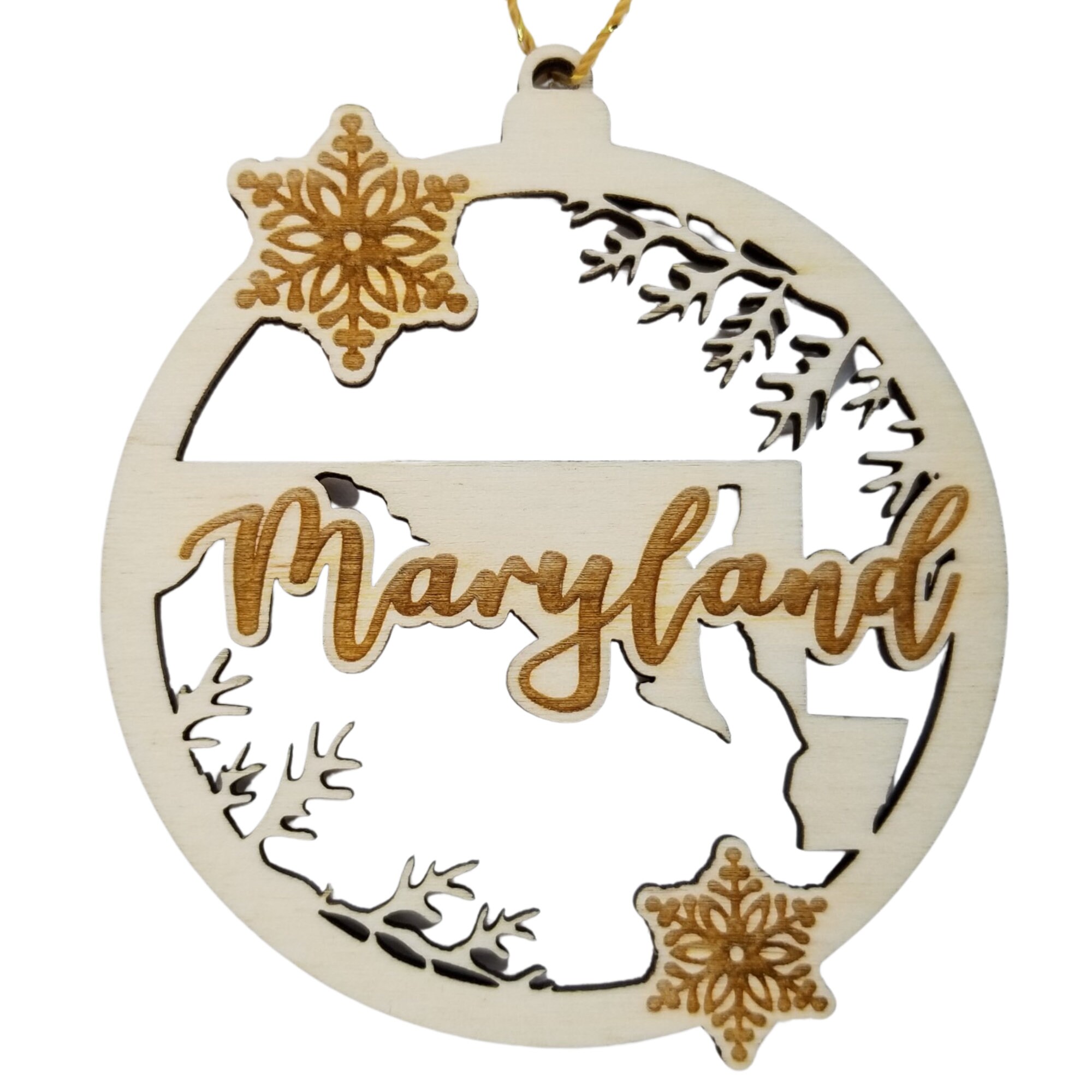 Maryland Wood Ornament - MD State Shape With Snowflakes Cutout ...