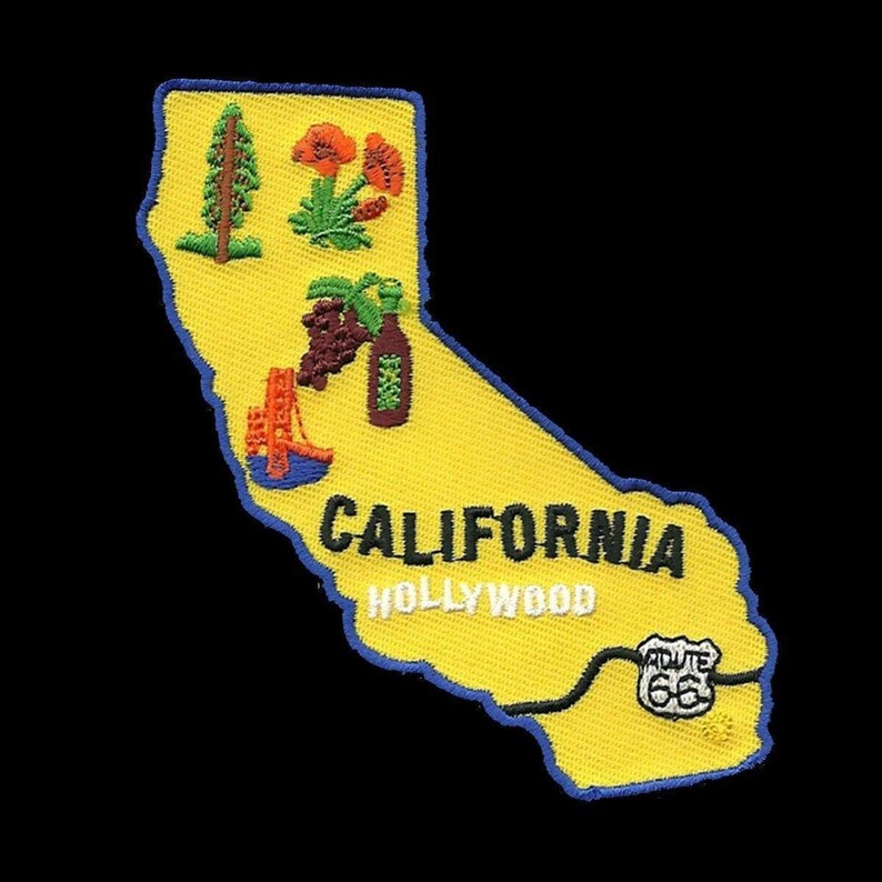 California State Patch CA Map Landmarks Redwoods Wine Poppies Route 66 ...