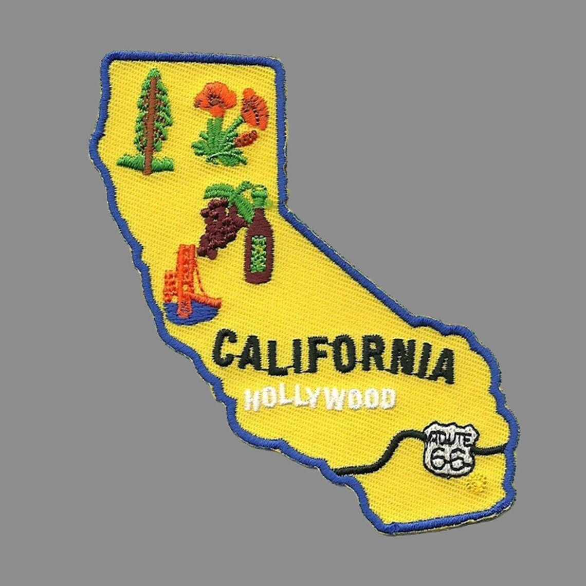 California State Patch CA Map Landmarks Redwoods Wine Poppies Route 66 ...
