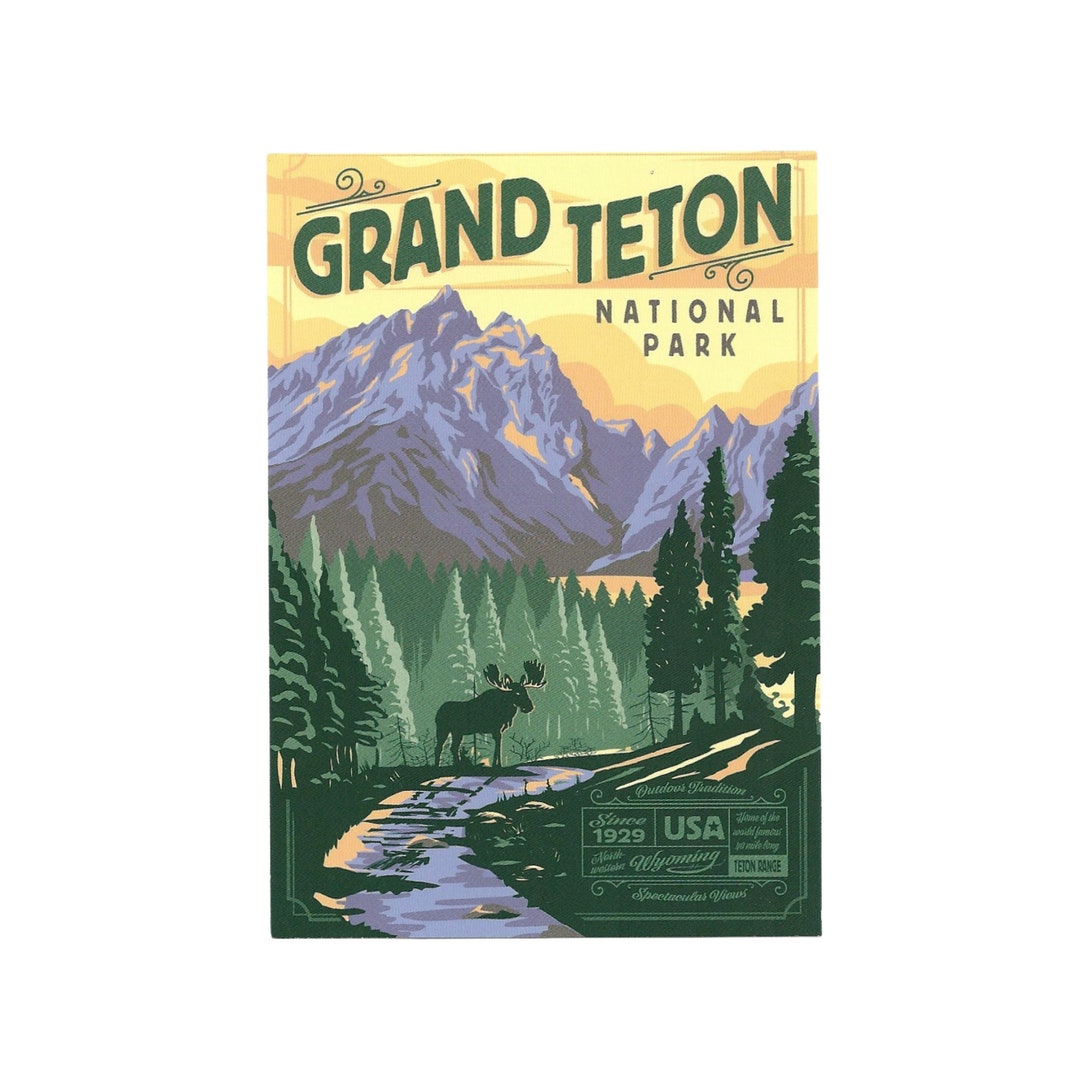 Grand Teton National Park Postcard Mountains Moose Trees Retro Design ...