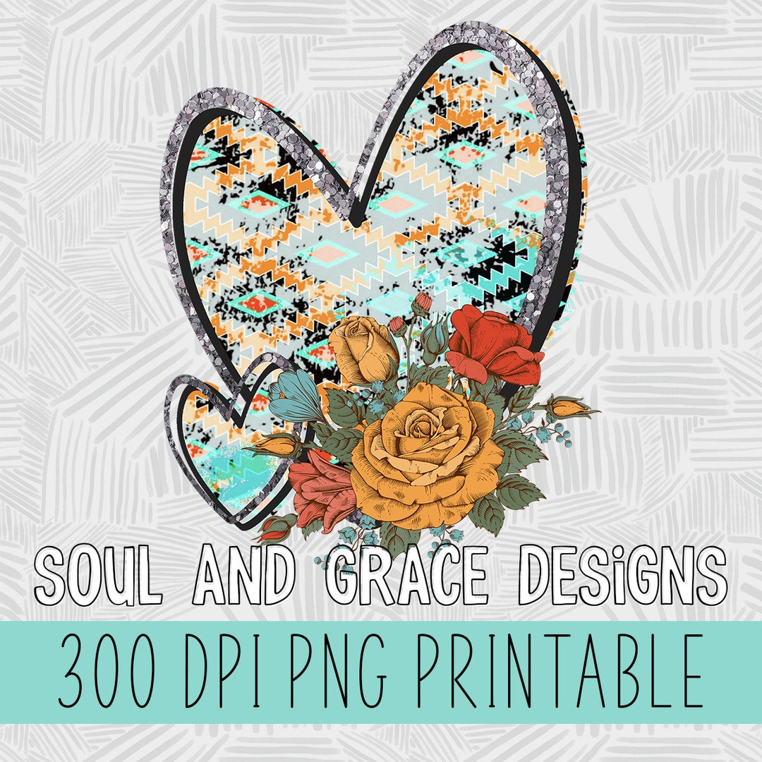 Funky Western Heart, Aztec Heart, Vintage Flowers, INSTANT DOWNLOAD ...