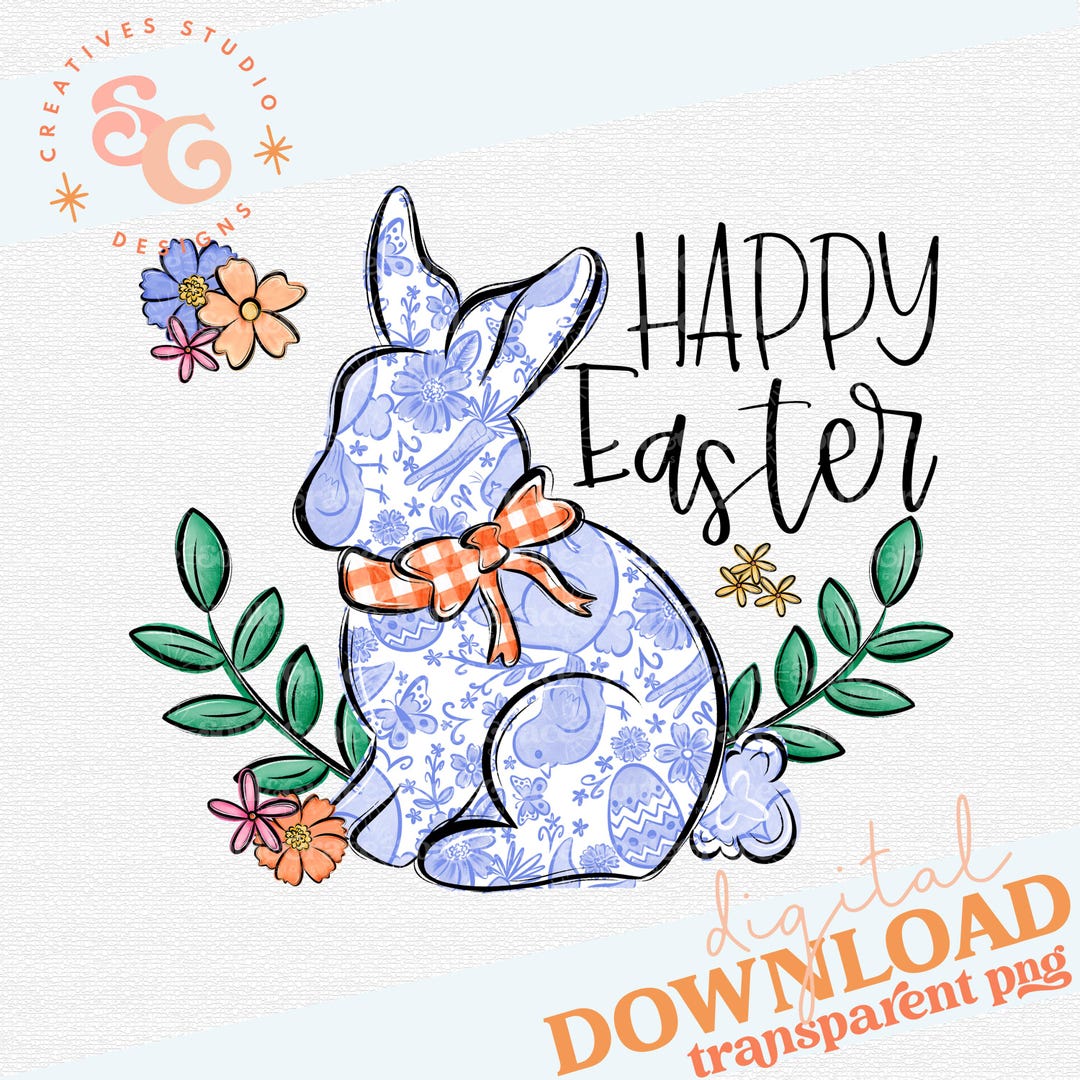 Blue Chinoiserie Easter Bunny Png for Kitchen Towels, Happy Easter ...