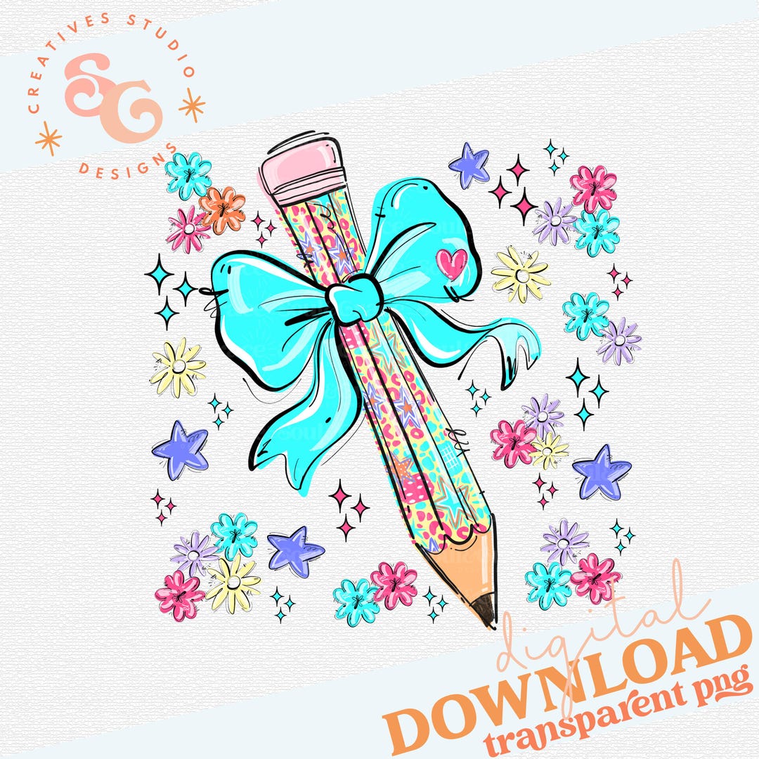 Colorful Pencil Png With Bow, Teacher Coquette Png for Shirts Teacher ...