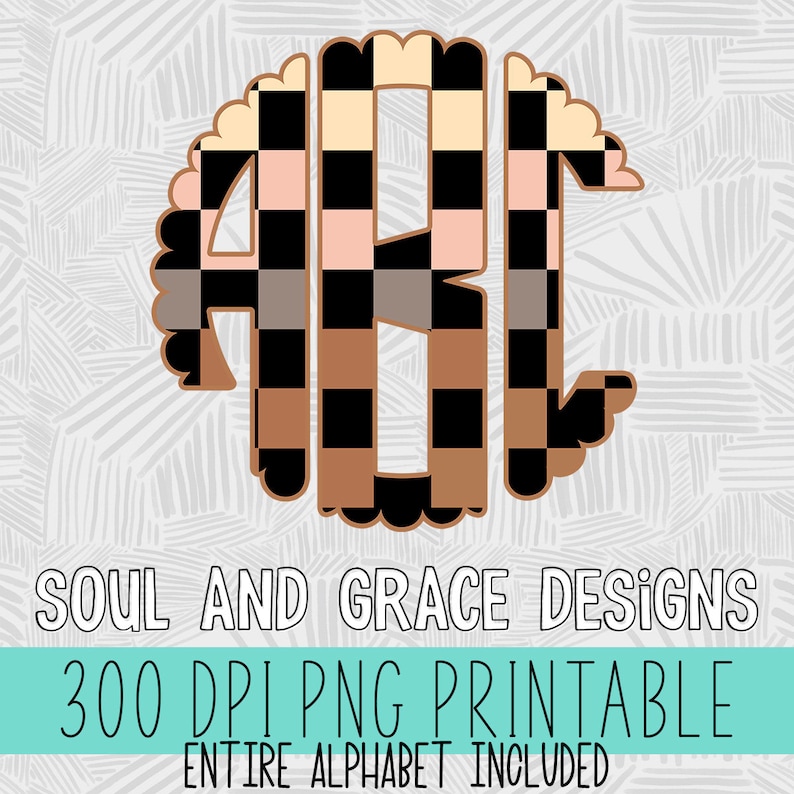 Boho Checkered 3 Letter Scallop Monogram INSTANT DOWNLOAD - Etsy