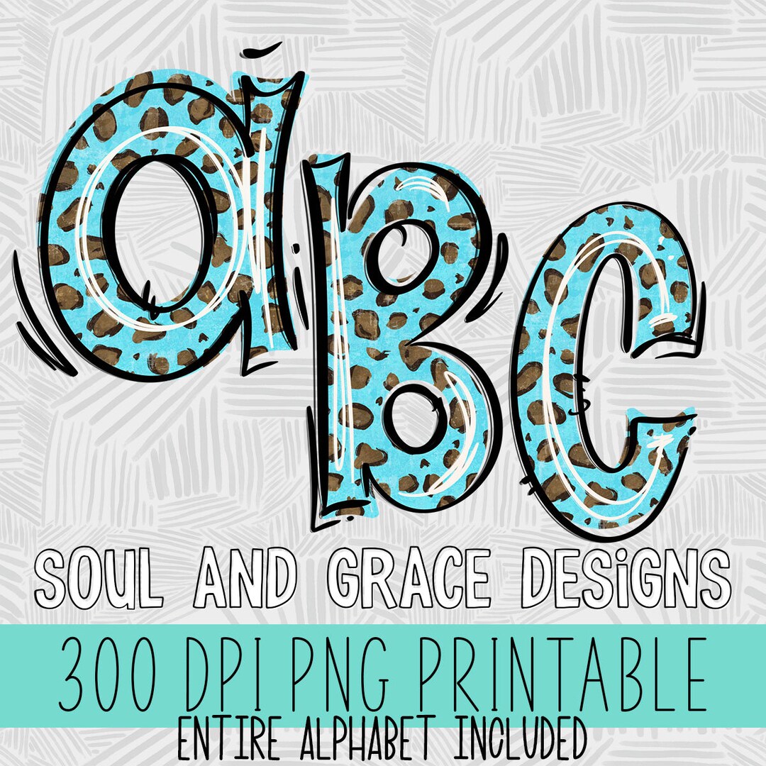 Aqua and Leopard Doodle Alphabet Digital Designs, INSTANT DOWNLOAD, PNG ...