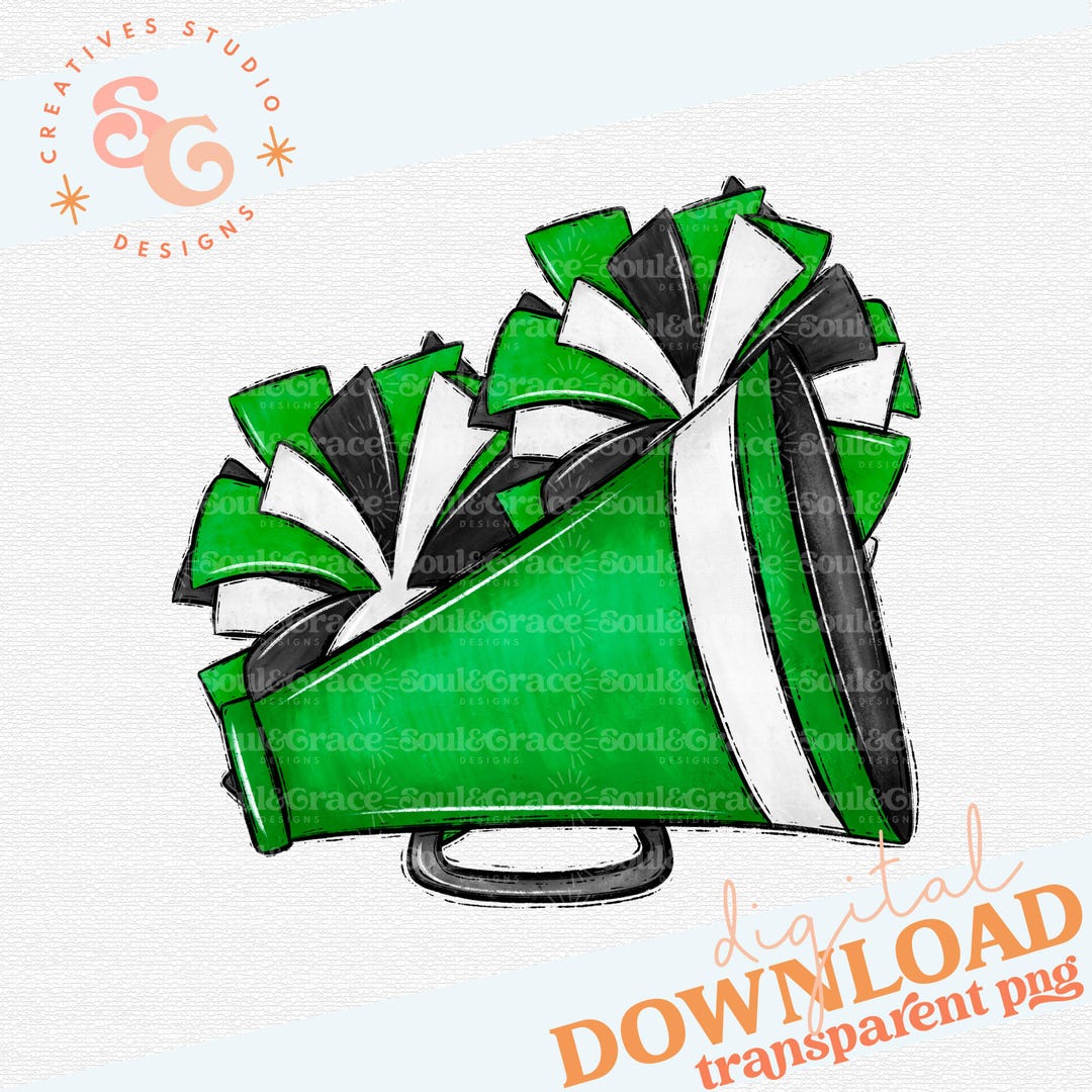 Cheer Poms and Megaphones GREEN Digital Design, INSTANT DOWNLOAD, Png ...