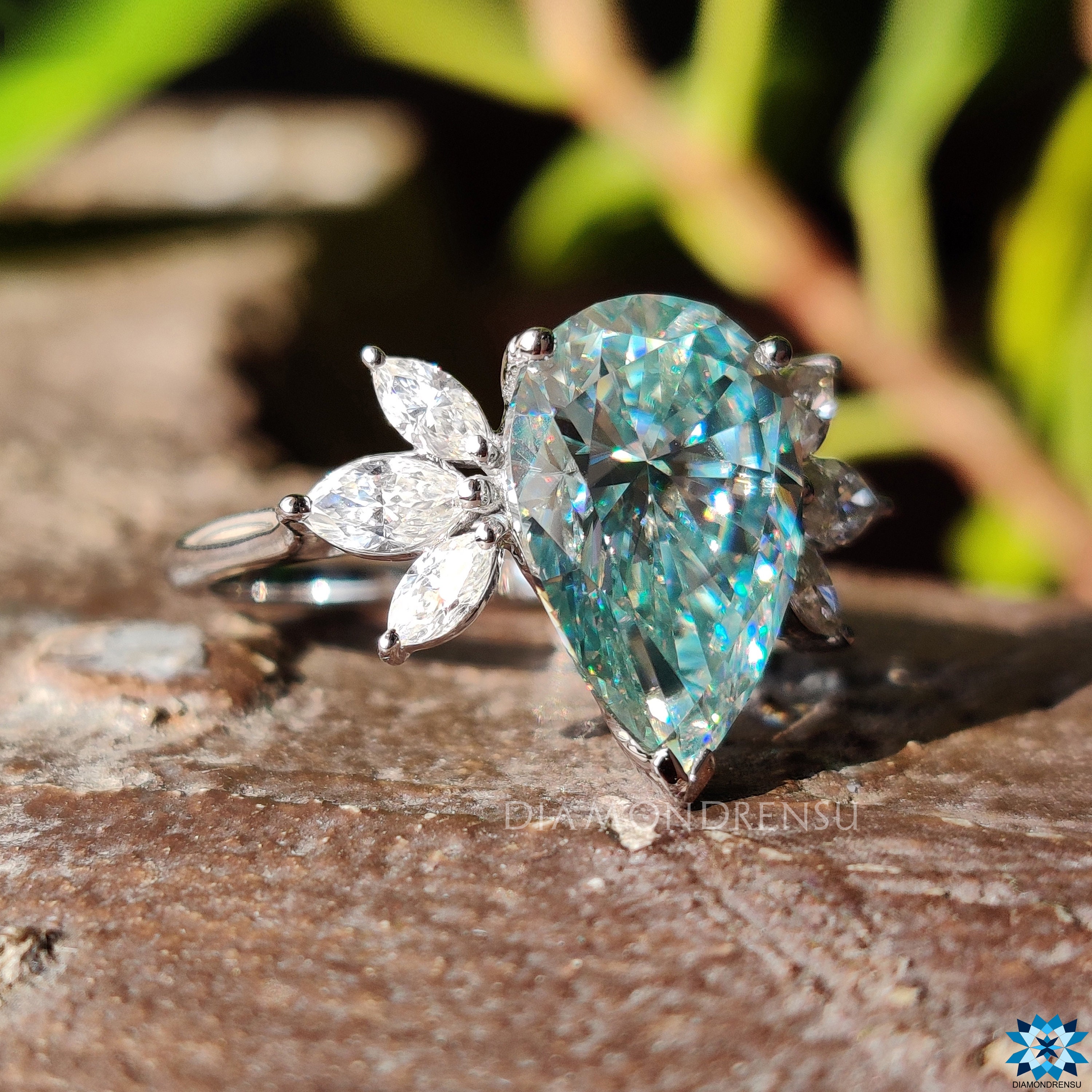 3.87 TW Pear Cyan Blue Moissanite Engagement Ring Side | Etsy