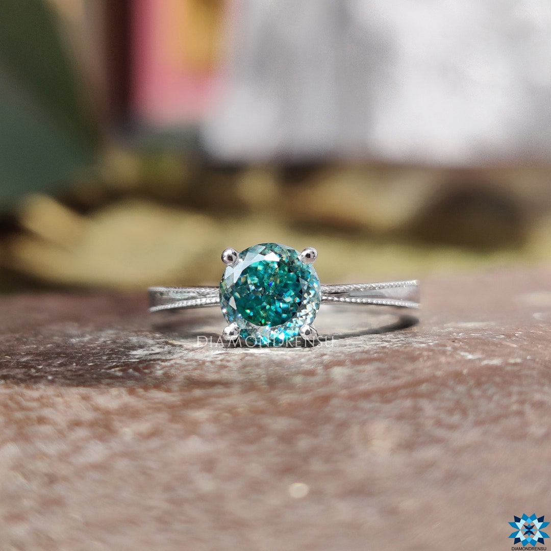 Antique Portuguese Cut Cyan Blue Moissanite Engagement Ring, Solitaire ...