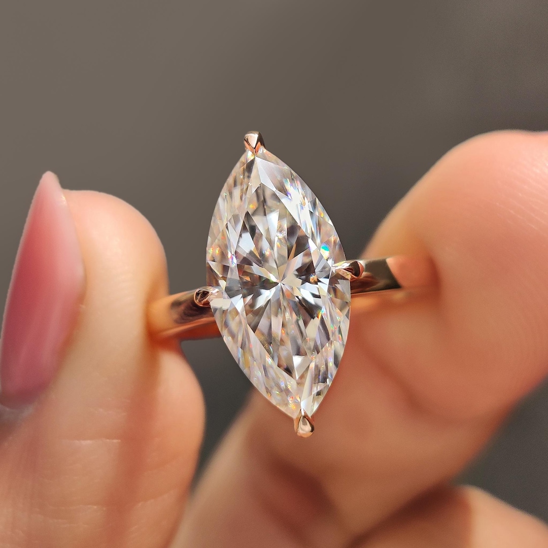 3 Carat Marquise Moissanite Solitaire Wedding Ring, Compass Prong ...