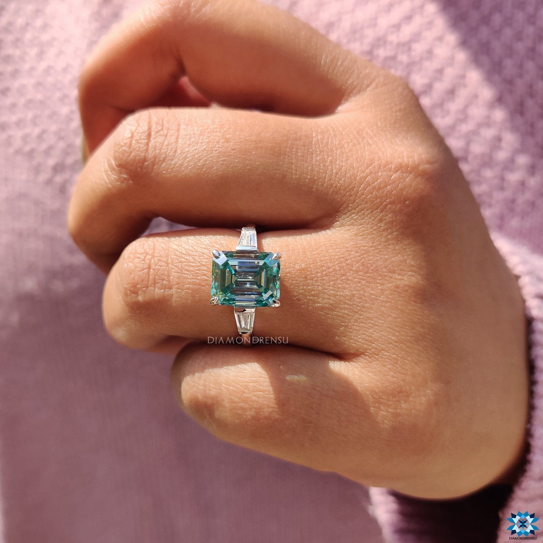 Three Stones Engagement Ring, 3.89 TW Emerald Cut Cyan Blue Moissanite ...