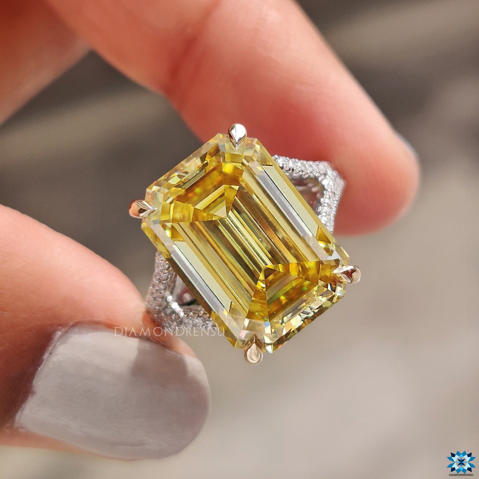 Celebrity Style Emerald Moissanite Engagement Ring, Emerald Canary ...