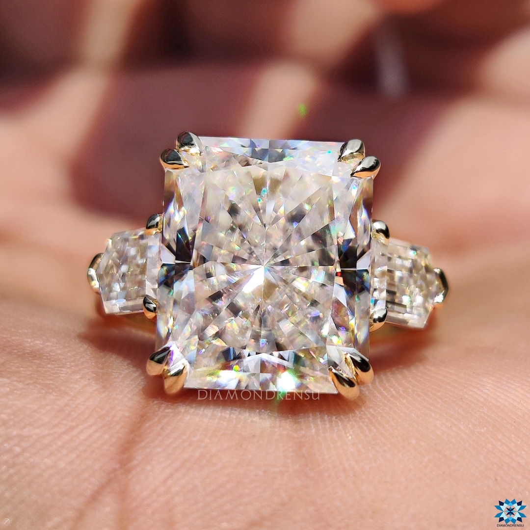Radiant Cut Moissanite 3 Stone Engagement Ring With Side Bullet Cut ...