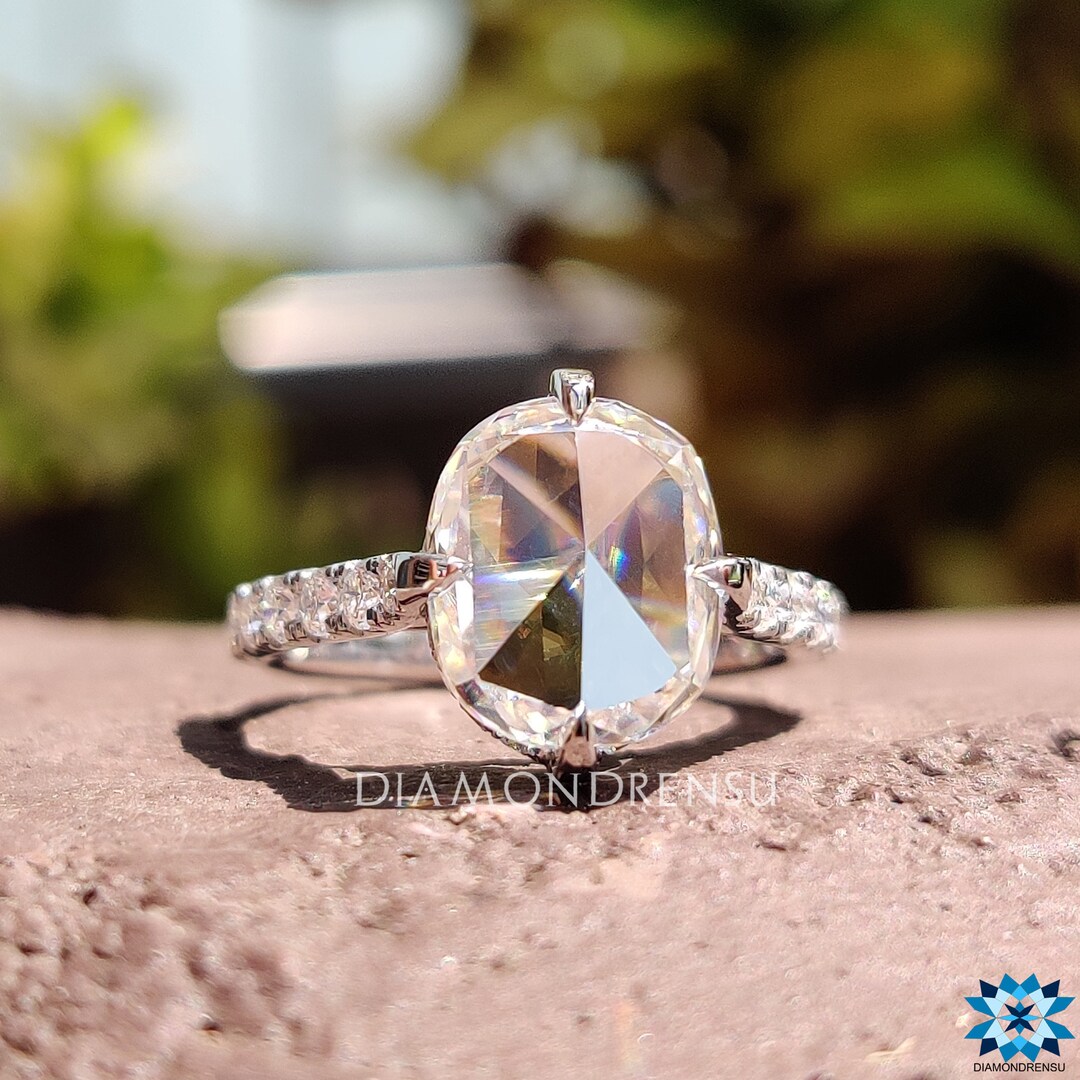 Classic Compass Setting 3.28 TW Cushion Rose Cut Tapered Pave Colorless ...