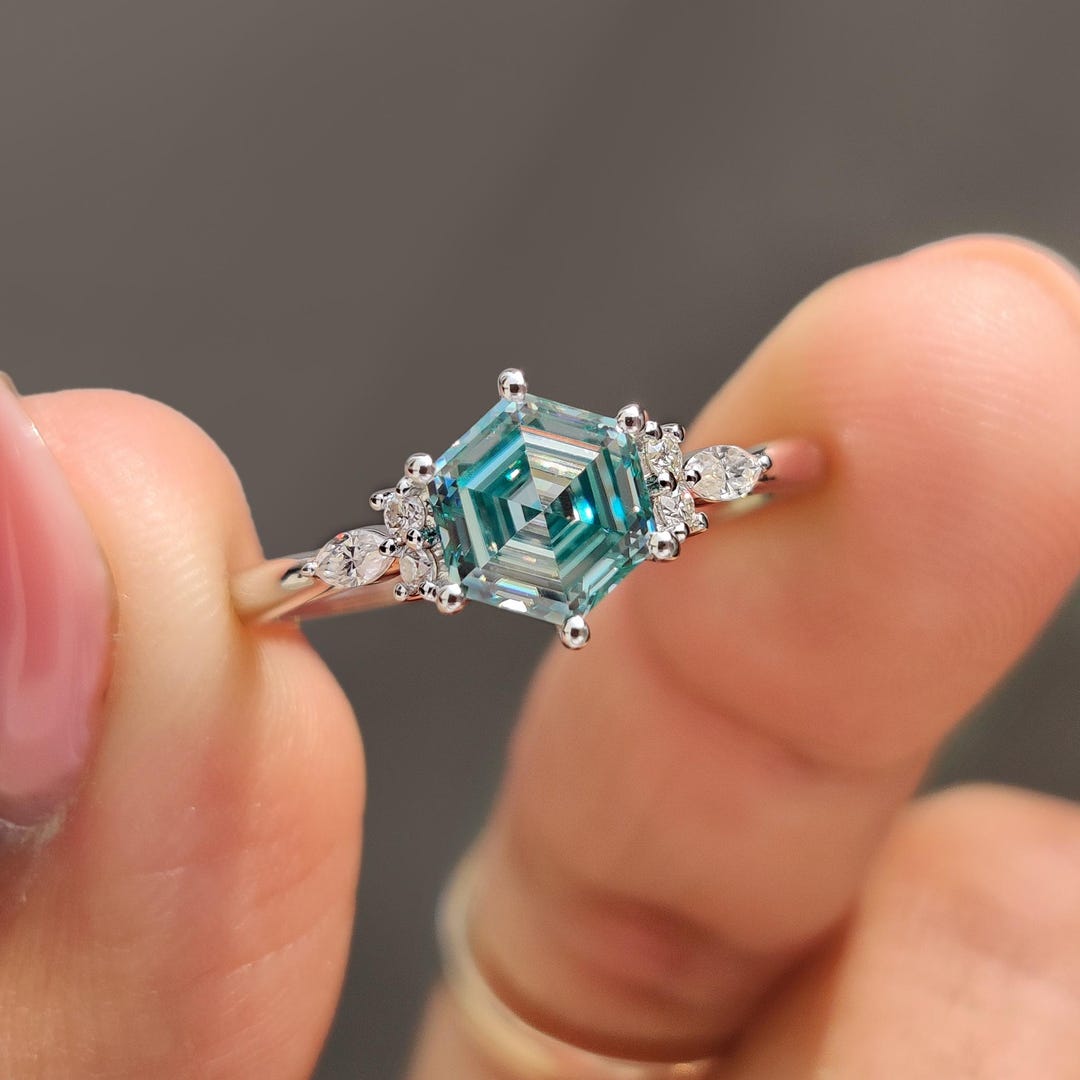 Hexagon Step Cut Moissanite Engagement Ring, 7 Stone Wedding Ring for ...
