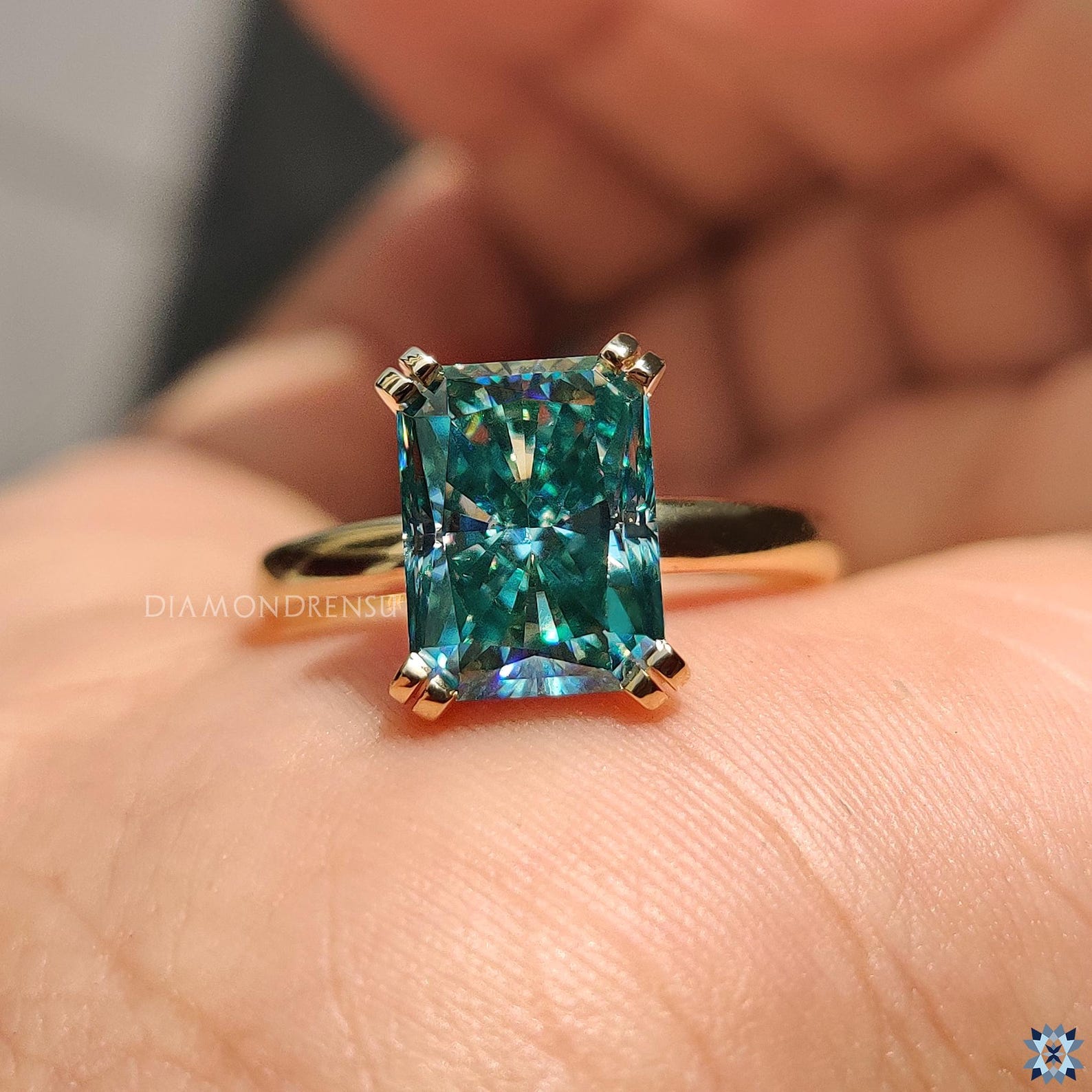 Cyan Blue Radiant Cut Moissanite Solitaire Wedding Ring, Comfort Fit ...