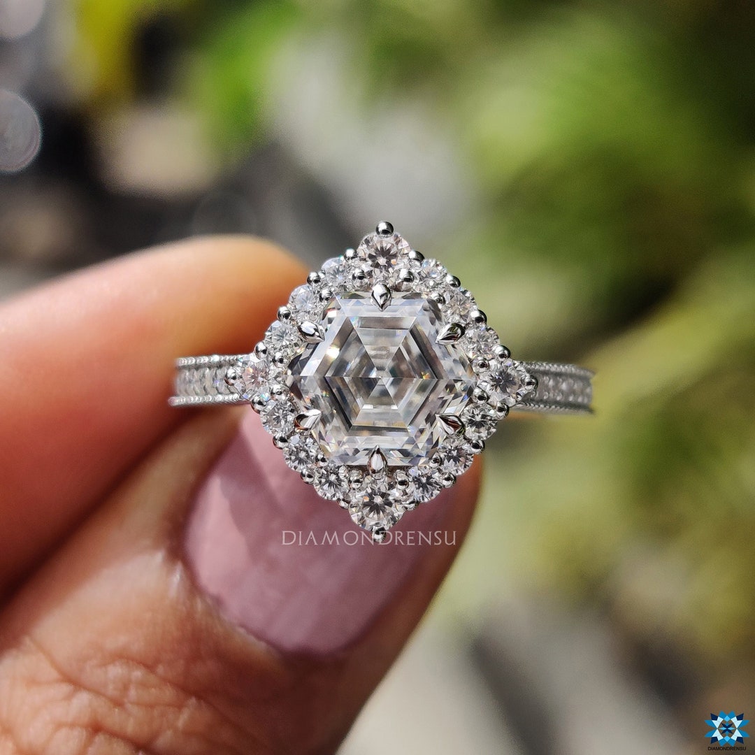 Antique Hexagon Step Cut Colorless Moissanite Ring, 2.31 TW Halo Engagement Ring, Pave Ring ...
