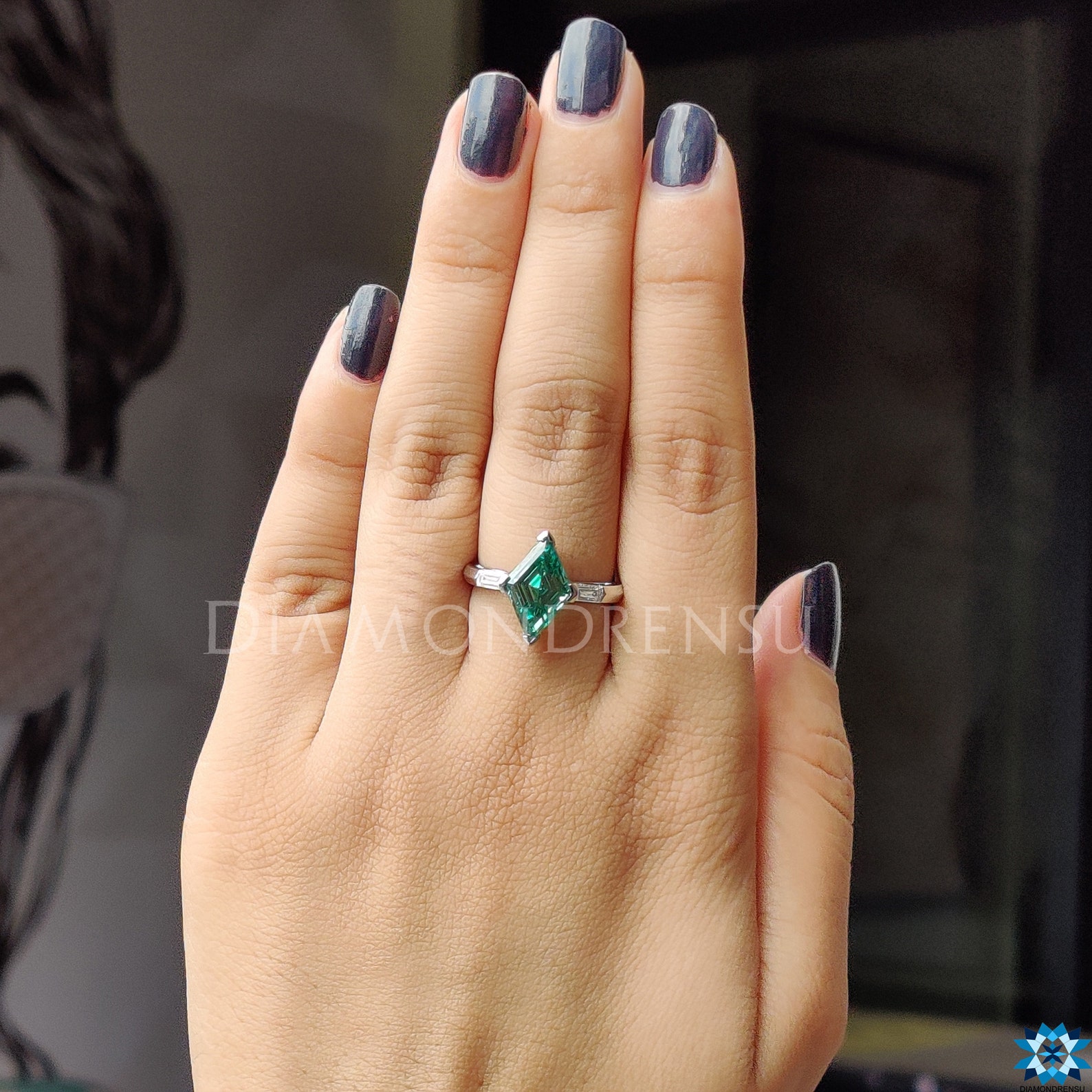13 X 8.25 MM Lozenge Dark Green Moissanite Ring | Three Stone Ring ...