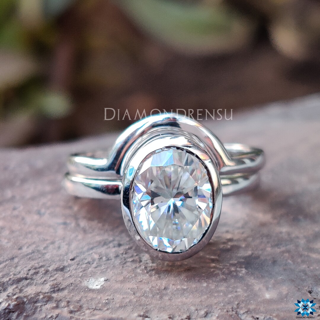 Singular Bezel Set 1.94 CT Oval Moissanite Engagement Ring Looking ...