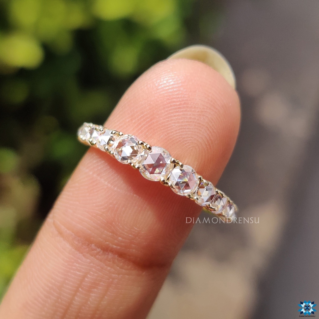 Rose Cut Moissanite Half Eternity Wedding Band, Flat Cut Diamond Ring ...