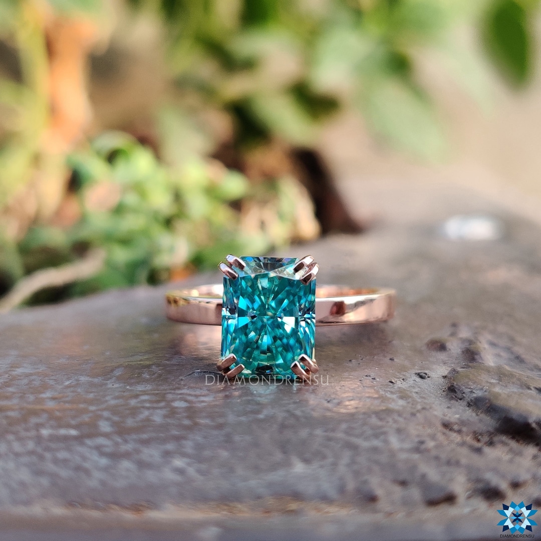 2.10 CT Cyan Blue Radiant Ring | Moissanite Ring | Double Claw Prong ...