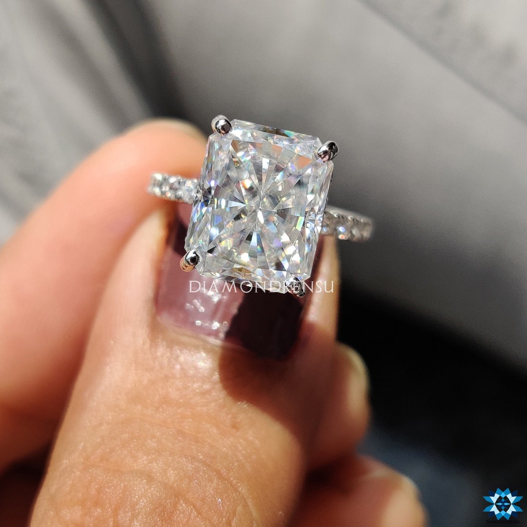 Crushed Ice Cut, 4.76 CT Radiant Cut Colorless Moissanite Ring, Pave ...