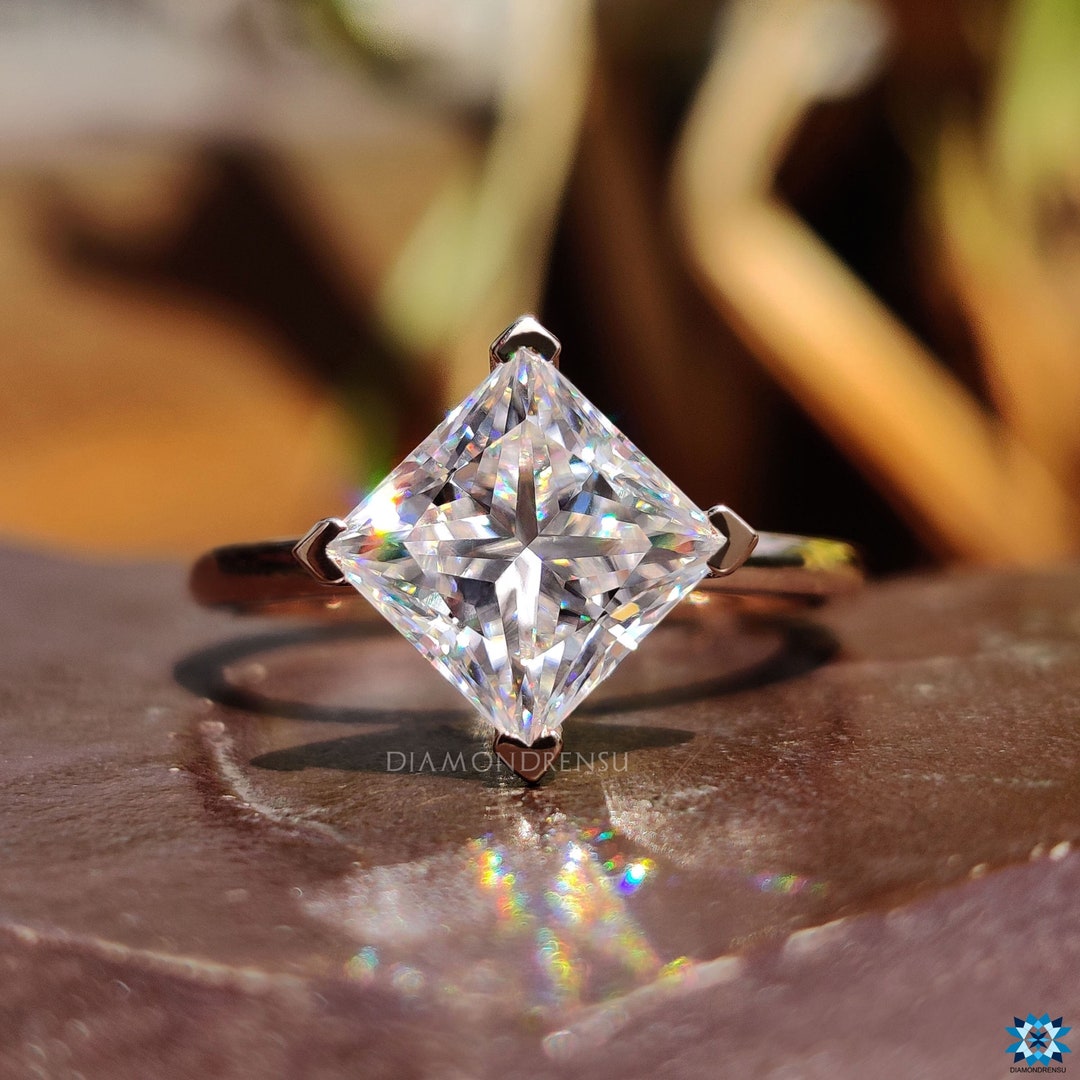Diagonal Princess Cut Moissanite Solitaire Engagement Ring, Brilliant ...