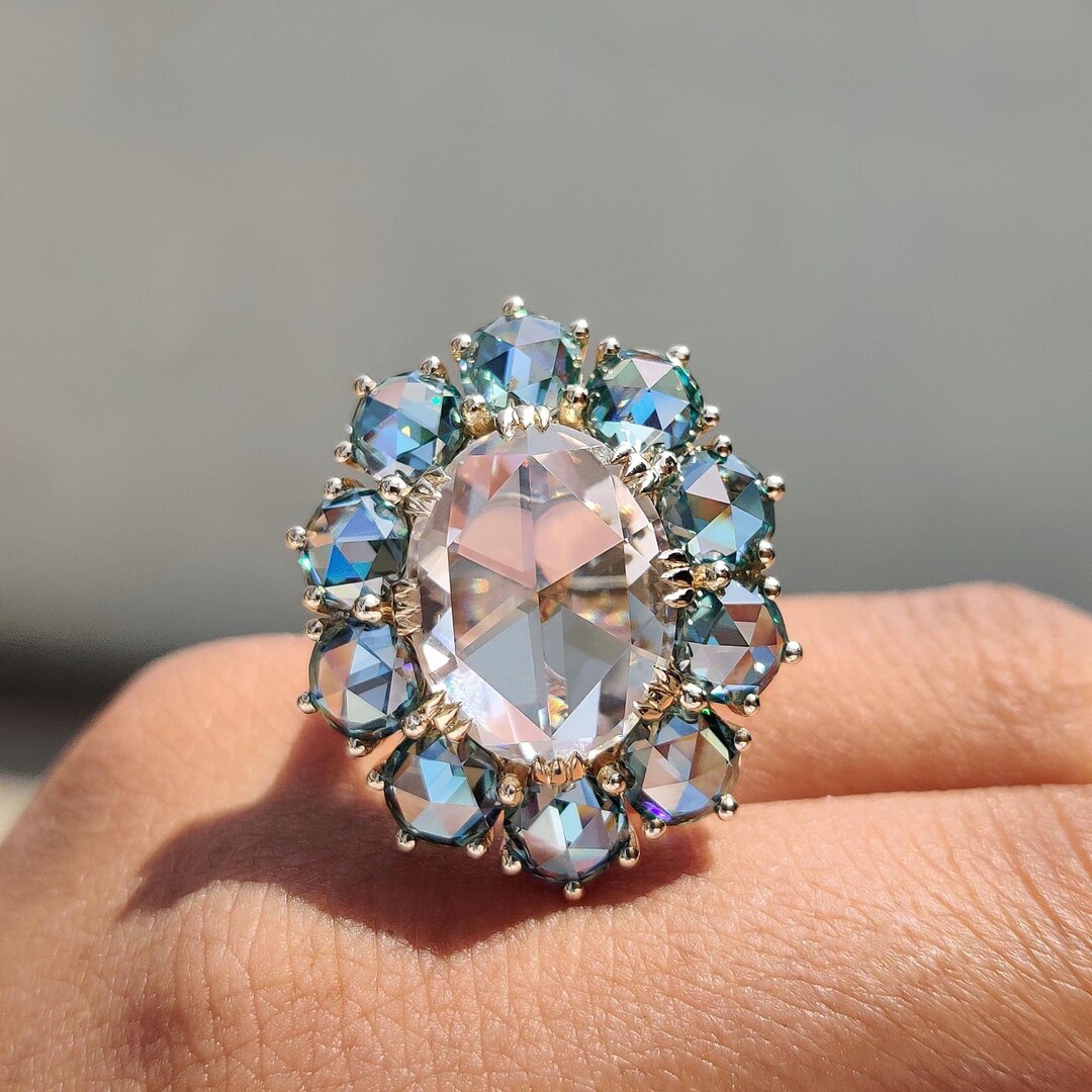 Classic Oval Rose Cut Moissanite Cluster Engagement Ring, Round ...