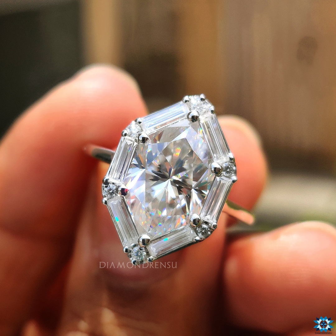 Dutch Marquise Cut Moissanite Engagement Ring, Unique Baguette Halo ...