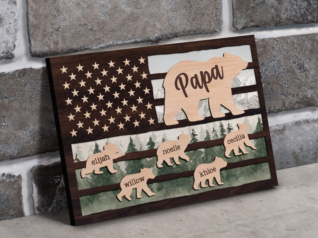 Personalized Papa Bear Sign With Kids Names, 3D Engraved Wooden Dad ...